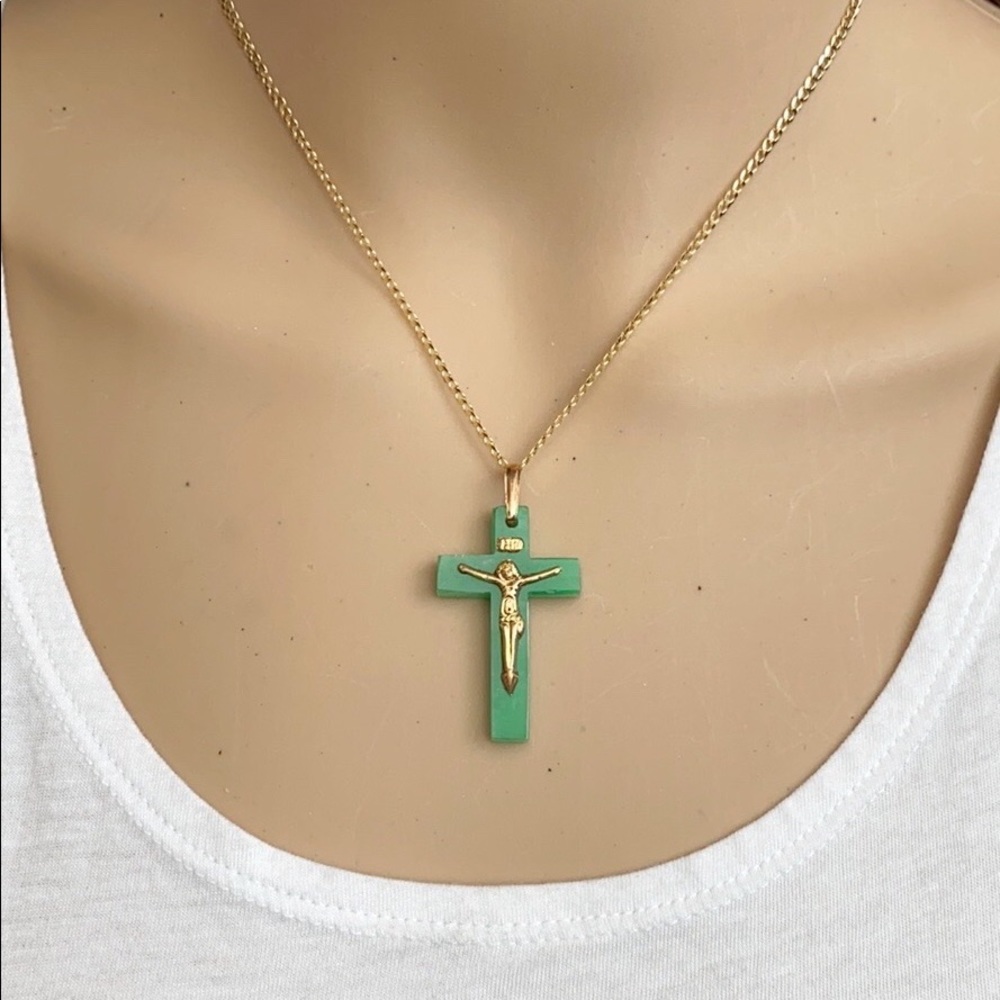 Real Gold Jesus Crucifix Green Cross Pendant - Gem